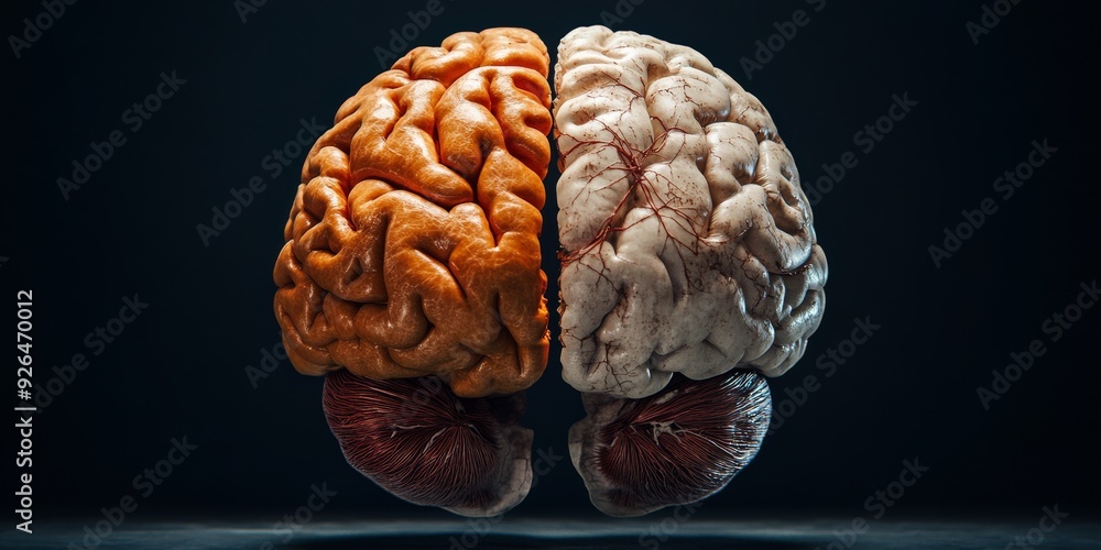 Intricate close-up of a human brain split into contrasting sections ...