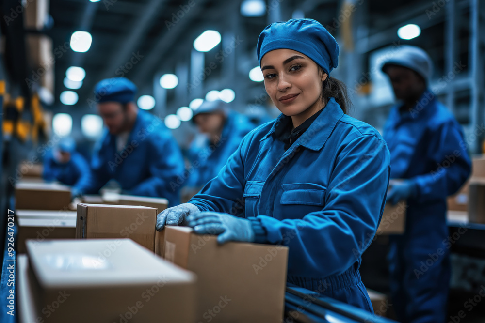 Group Of Warehouse Workers With A Young Woman In The Front In Uniforms ...