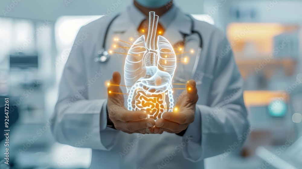 Realistic photo of a gastroenterologist using hologram technology to ...