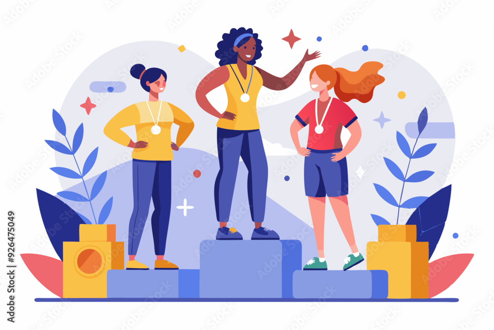 Ceremony of awarding medals. Three female athletes on the pedest Stock ...