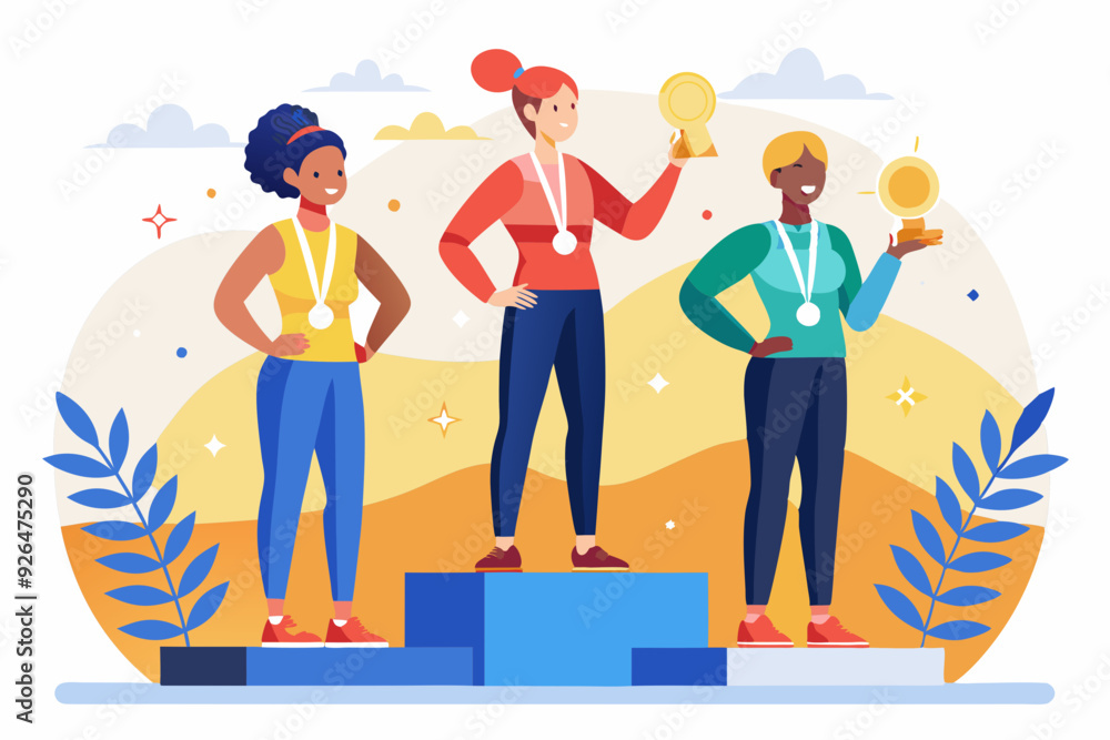 Ceremony of awarding medals. Three female athletes on the pedest Stock ...