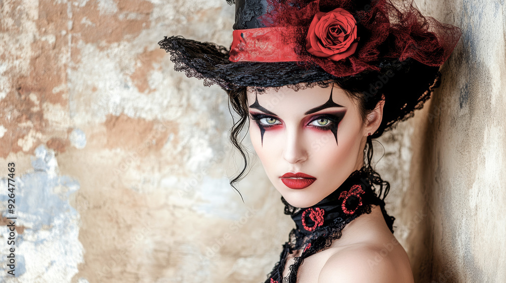 Gothic-style woman with bright makeup and a red rose on her hat ...