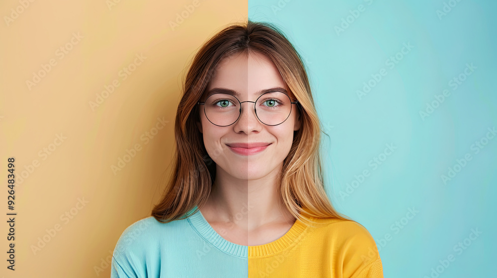 striking portrait of a woman's face split into two halves. One side ...