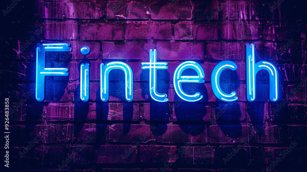 Vibrant fintech neon sign illuminating a textured brick wall with blue ...