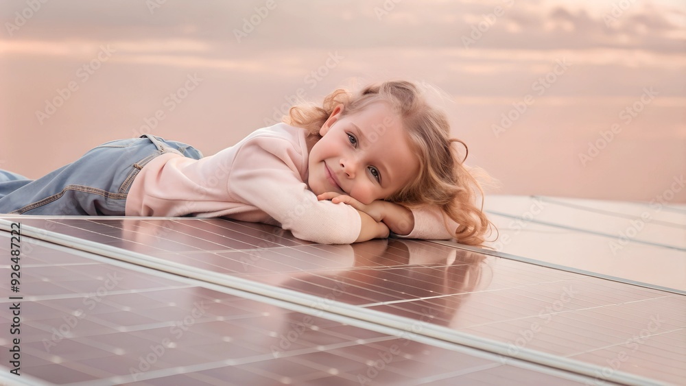 Cute girl lying on solar panels roof, shot with copy space. Rooftop ...