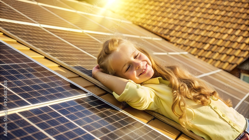 Cute girl lying on solar panels roof, shot with copy space. Rooftop ...