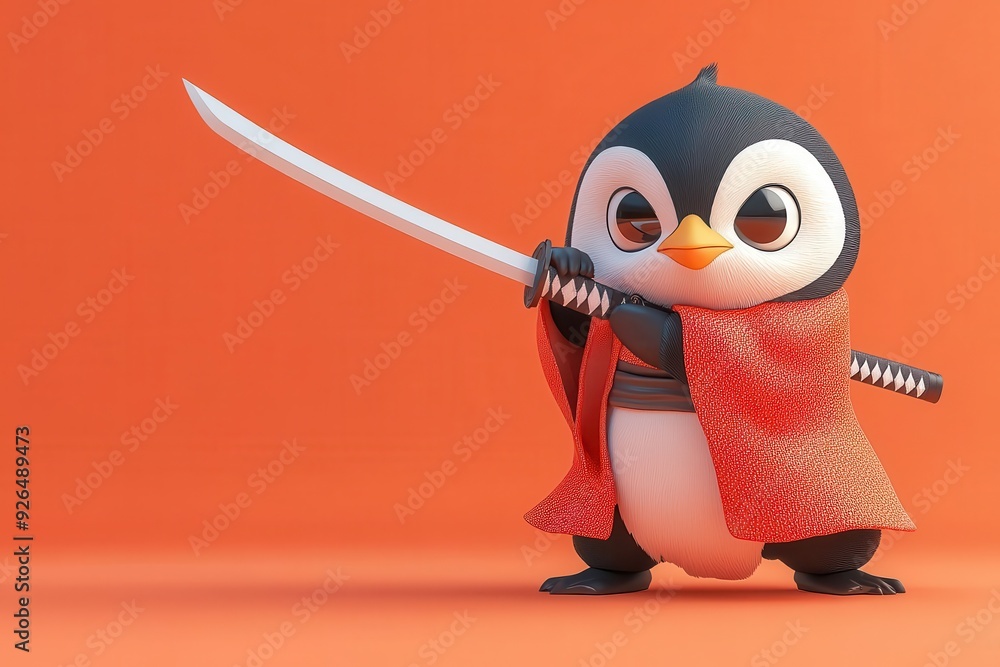 cartoon samurai penguin midkatana swing comical determined expression ...
