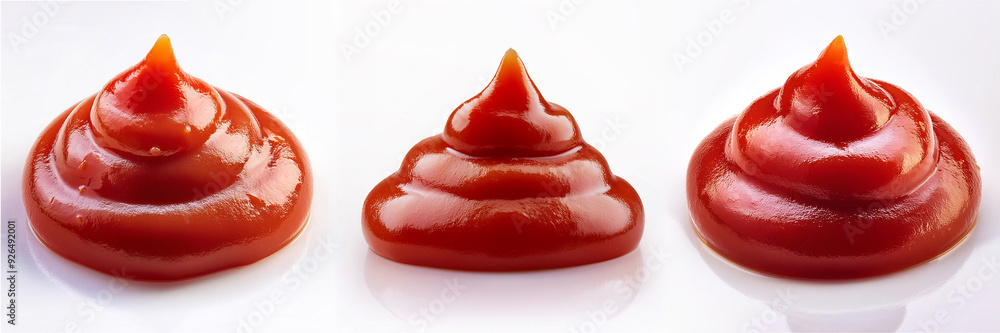 Three glossy, red dollops of tomato sauce with pointed peaks isolated ...
