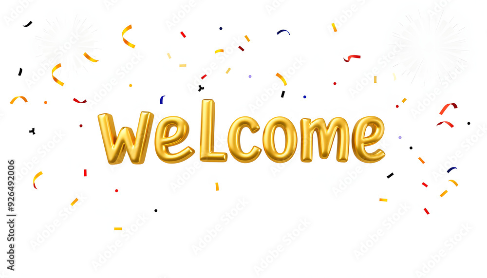 'confetti Welcome back rendering celebration 3D text gold template ...