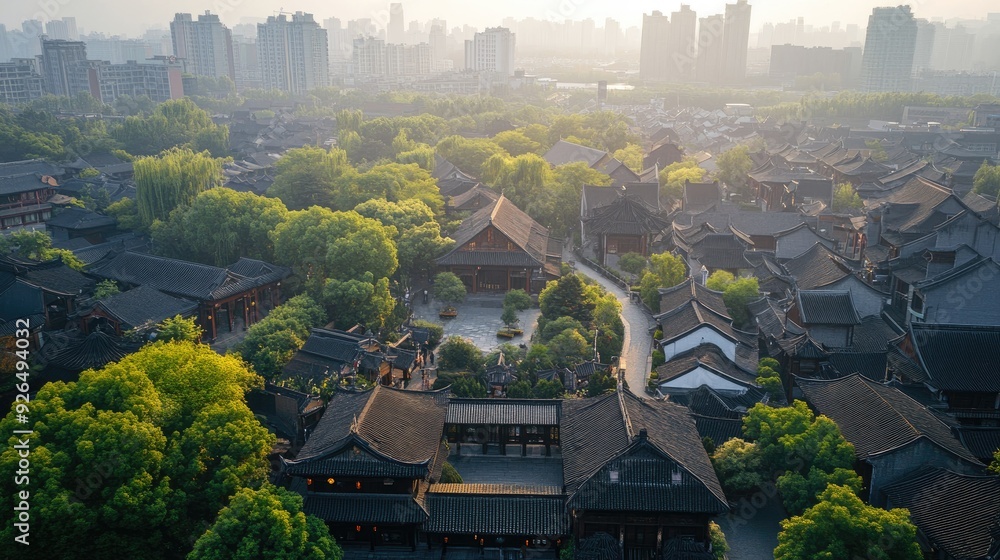 Overhead shot of the historic city of Chengdu, with its blend of ...