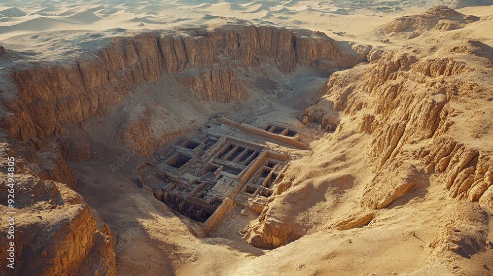 Overhead view of the Valley of the Kings, with tomb entrances carved ...
