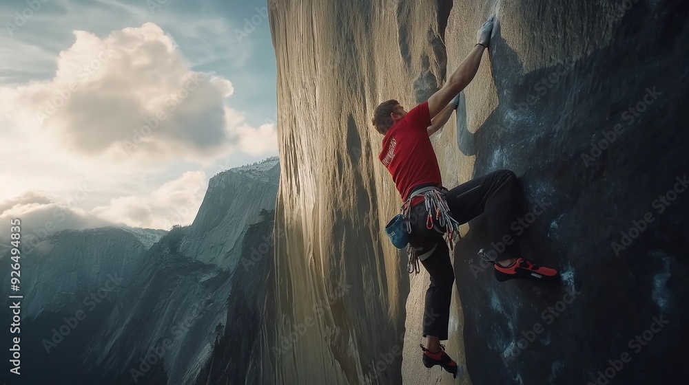 Free Solo: A climber hangs precariously on a sheer vertical cliff face ...