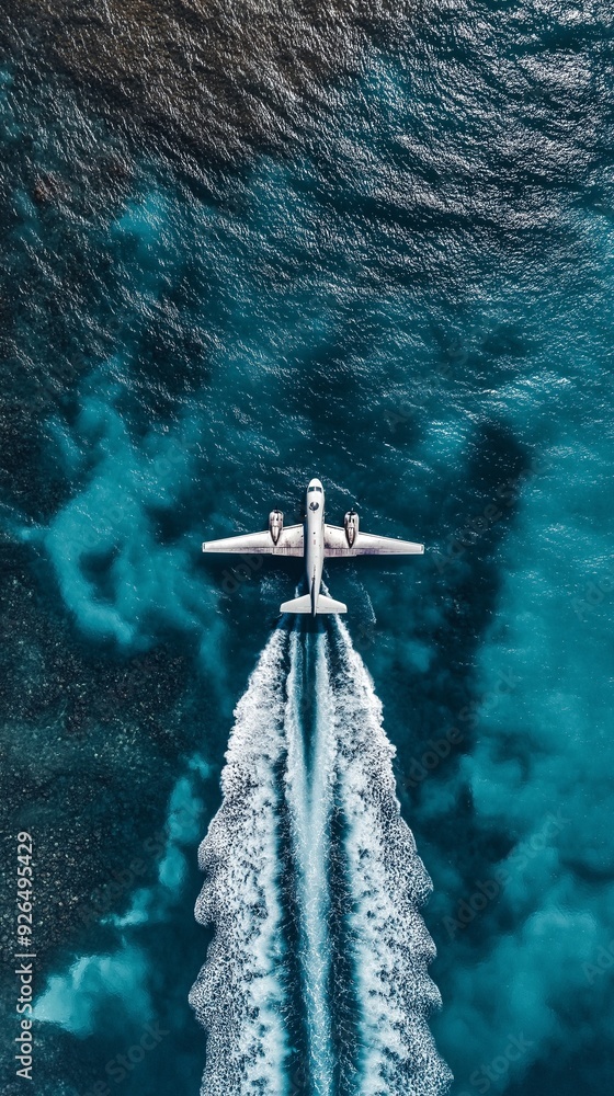 Plane Taking Off Over Ocean: A bird's eye view of a plane taking off over the ocean, leaving a ...