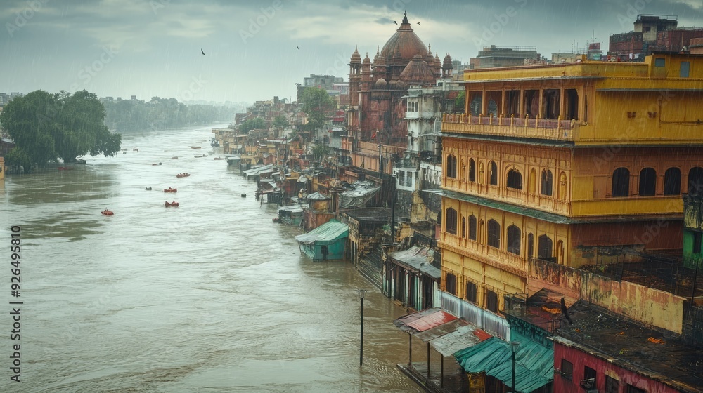 The Ganges River during monsoon season, with swollen waters coursing ...