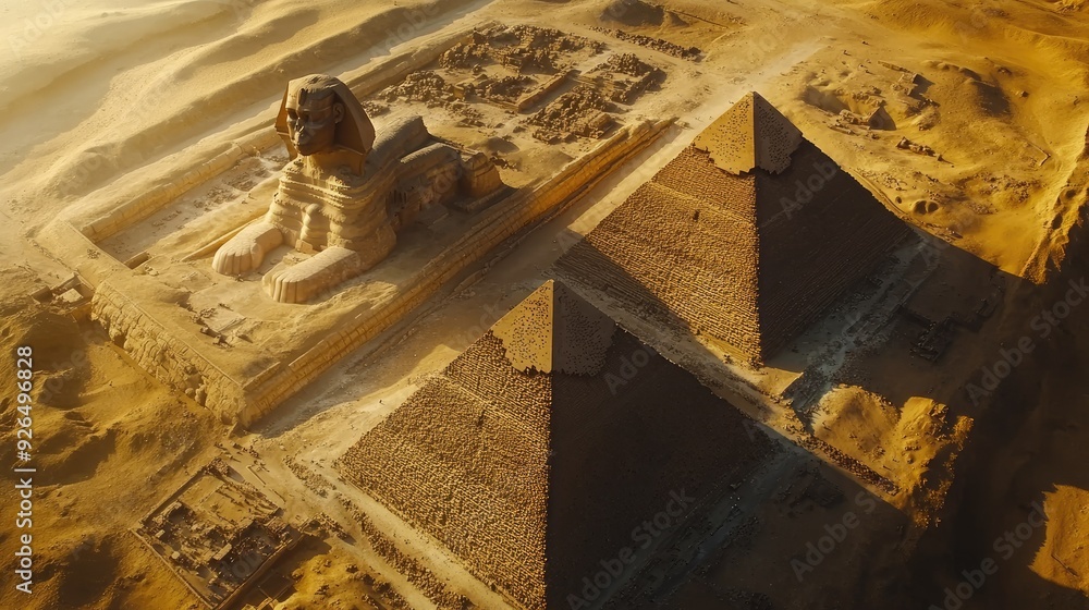Top-down shot of the Sphinx and the Pyramids of Giza, showcasing their ...