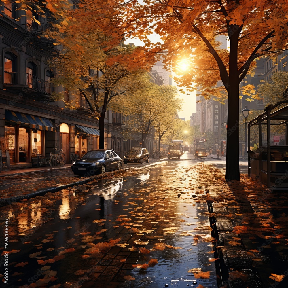 Image of a city street in fall with leaves on trees in background ...