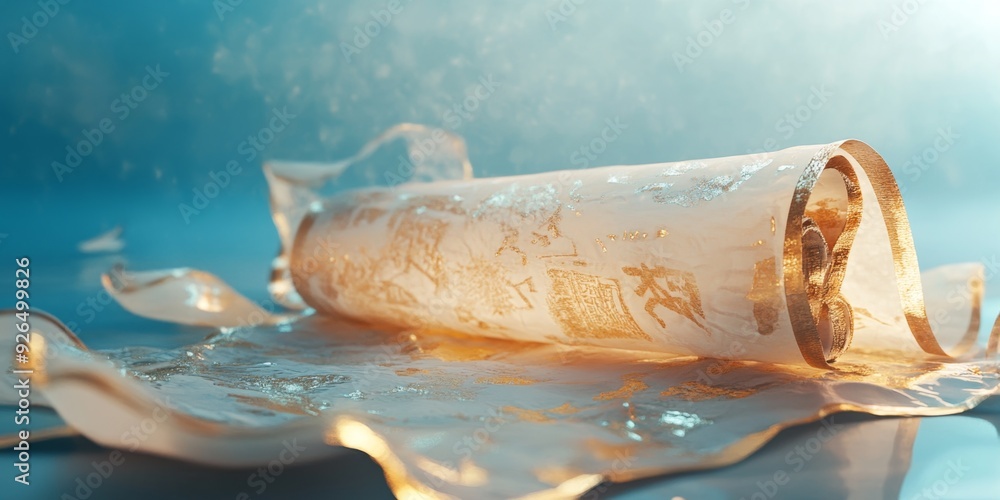 Futuristic Ancient Scroll: 3D Glass Sculpture with Golden Chinese ...