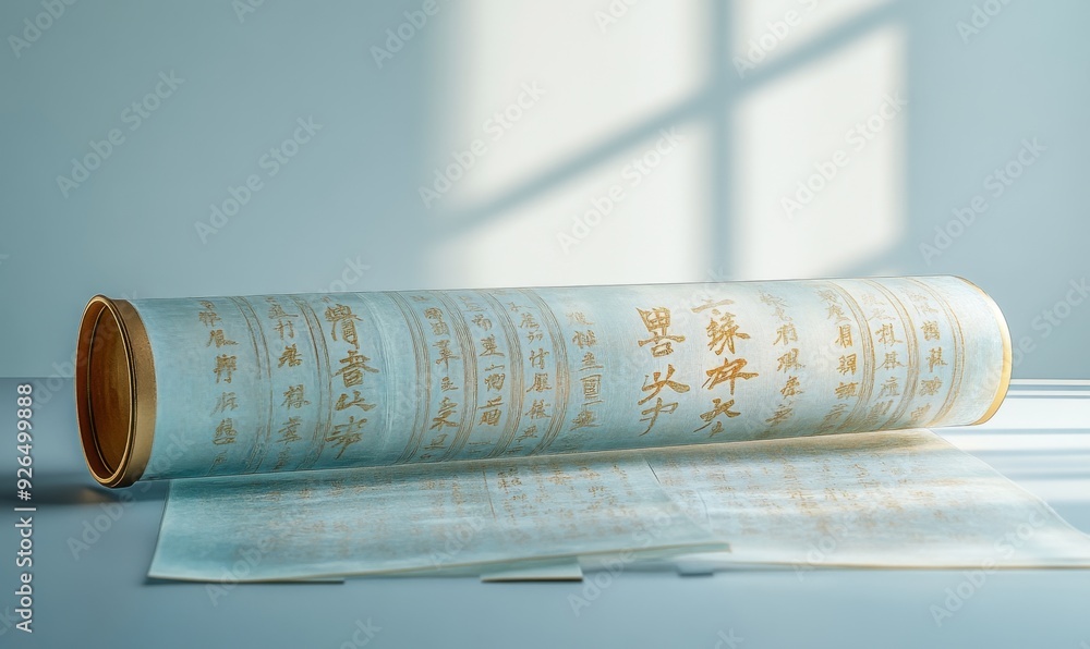 Futuristic Ancient Scroll: 3D Glass Sculpture with Golden Chinese ...