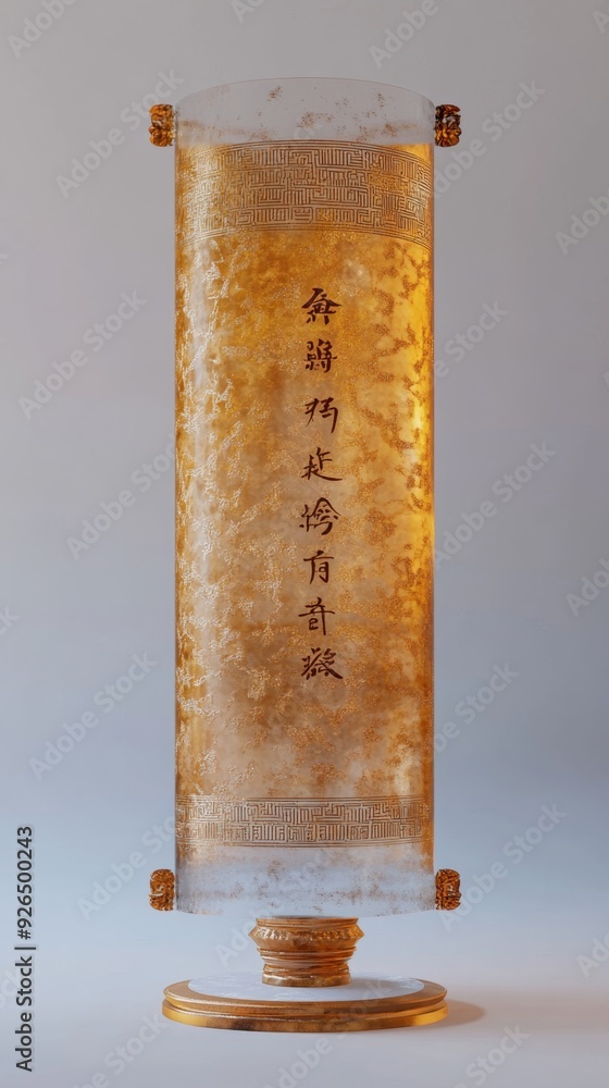 Futuristic Ancient Scroll: 3D Glass Sculpture with Golden Chinese ...