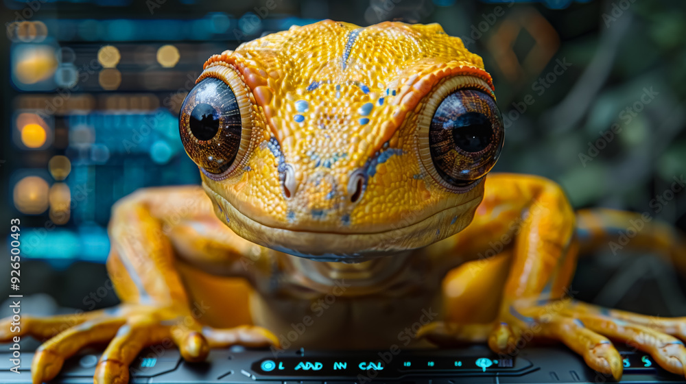 A computer monitor shows a yellow frog looking at the camera. The frog ...