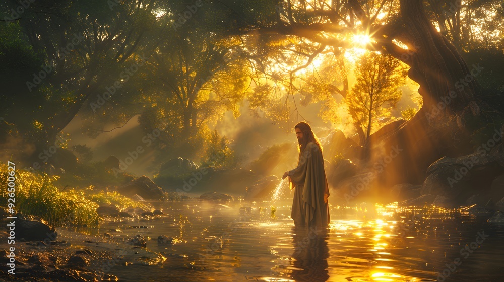 Jesus standing in a peaceful river, John the Baptist pouring water over ...