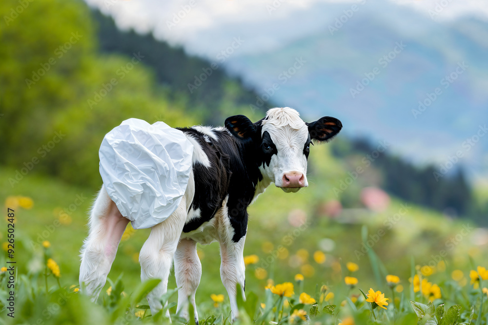 Calf wearing a diaper, methane cow farts concept, climate change Stock ...
