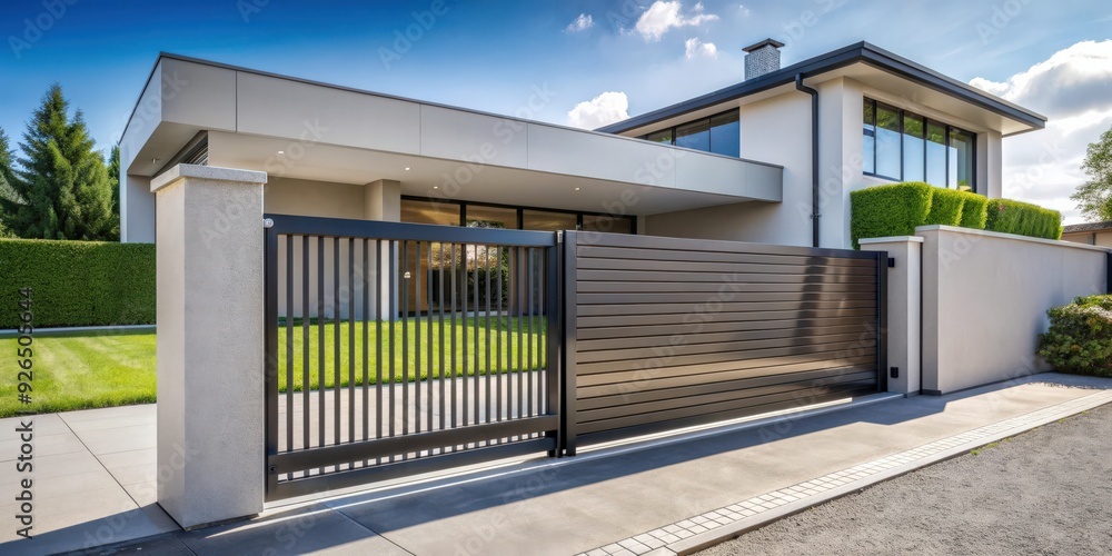 Automatic sliding gate in front of a modern house, , automatic, sliding ...