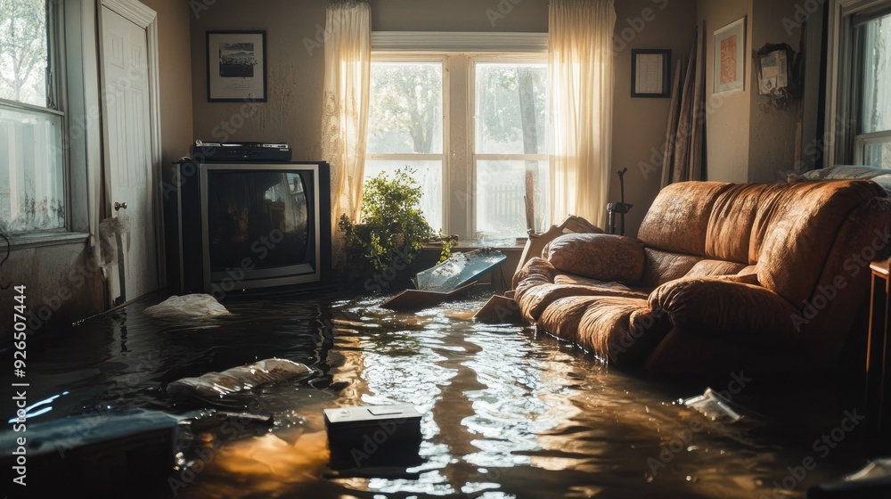 Floodwaters invading a living room, highlighting the chaos and ...