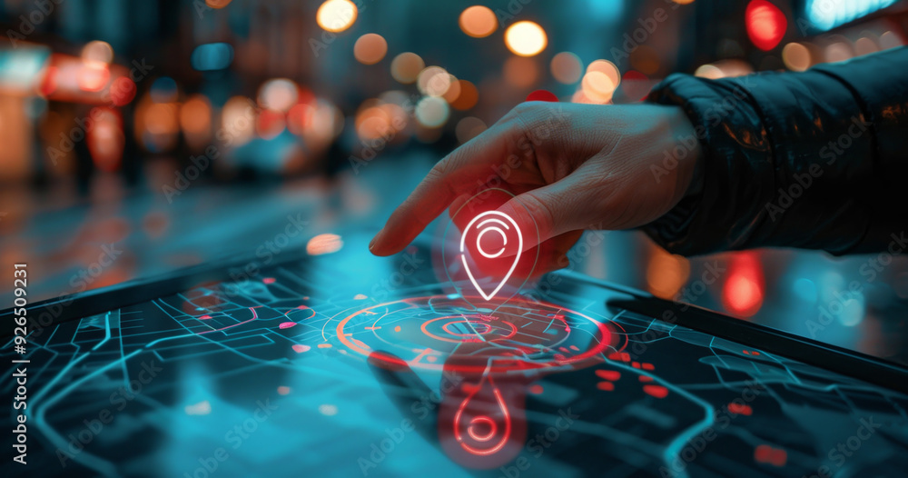 A close-up of an AI-powered map with pin symbols highlighting different ...