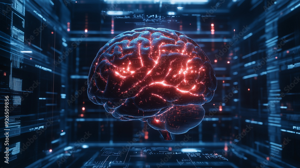 The image depicts a glowing, digital representation of a human brain ...