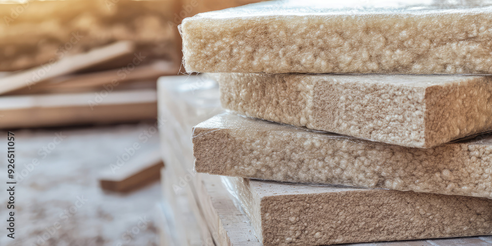 Closeup of glass mineral wool insulation packs in a construction ...