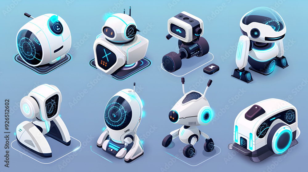 Isometric robots. Isometric robotic home assistance Stock Illustration ...