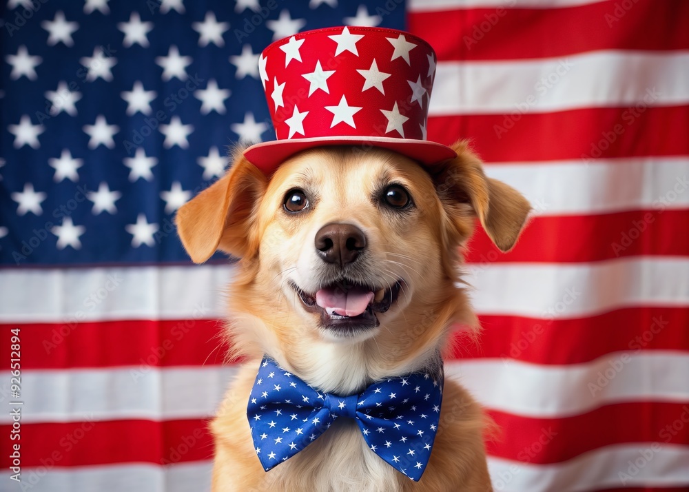 Adorable dog dressed in patriotic attire, including a stars-and-stripes ...