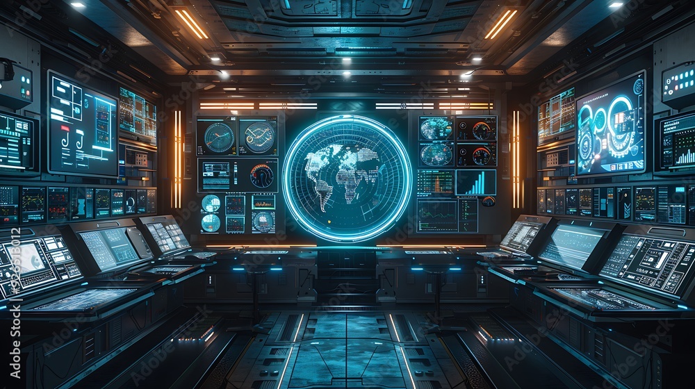 A futuristic command center with AI analyzing cyber threats, featuring holographic displays of ...