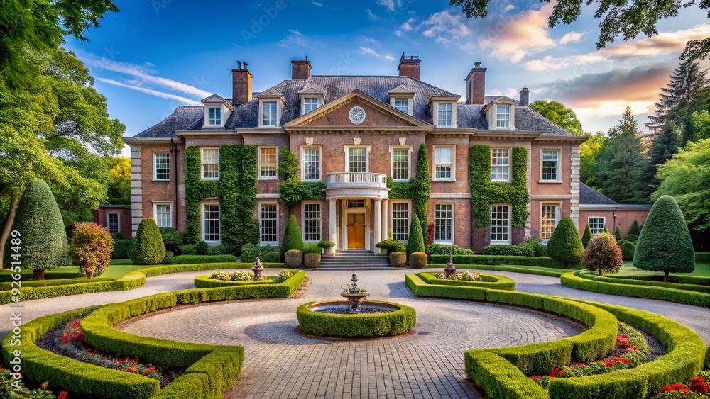 Elegant five-bay Georgian-style mansion features a grand circular driveway, lush greenery, and a ...