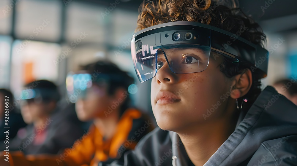A student wearing AR glasses engaging with an AI tutor, with augmented ...