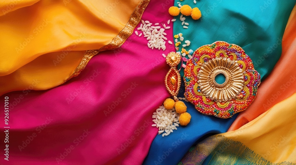 Top view of a decorated Rakhi placed on a colorful fabric with sweets ...