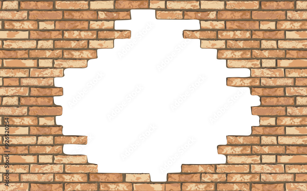 Vintage realistic broken brick wall background. Hole in flat wall ...