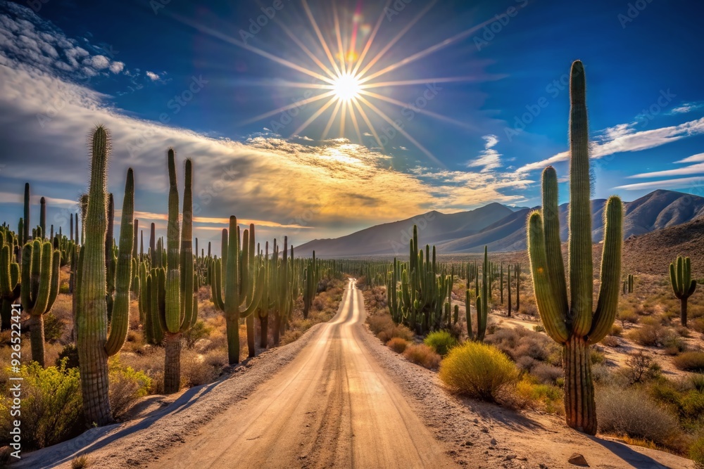 A rugged, dusty road stretches across the arid desert landscape of Baja ...