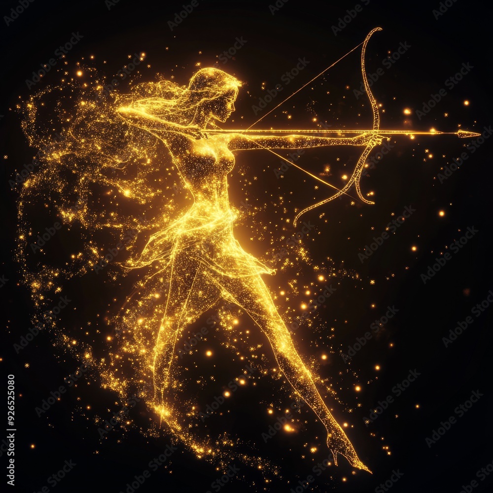 Ethereal Sagittarius: Golden Female Archer Embodying Celestial Wisdom ...