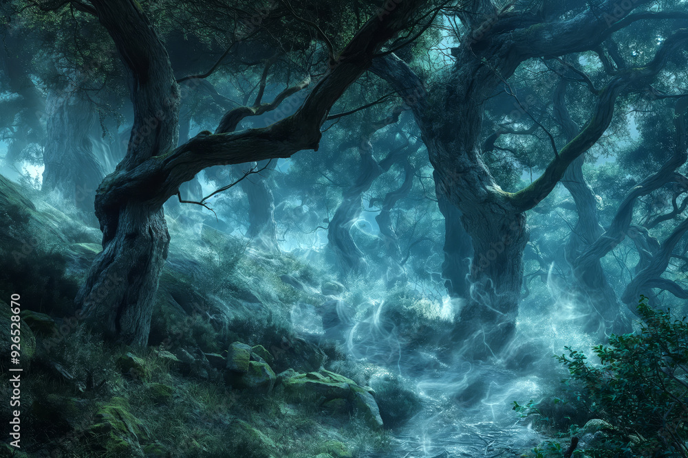 Haunted forest at night, with mist swirling around ghostly apparitions ...