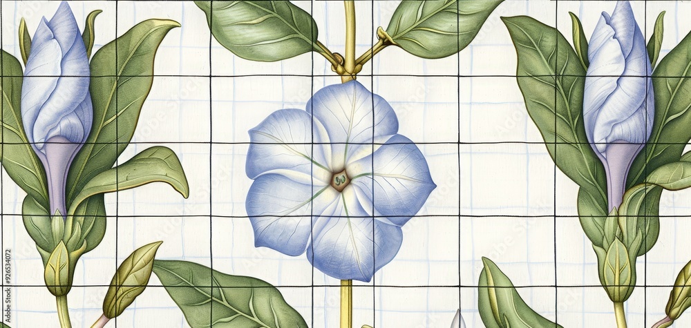Floral Tiles Hand-Painted Blue Flower with Green Leaves on a Gridded ...