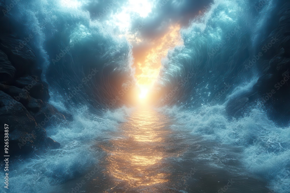 dramatic biblical scene of moses parting the red sea towering walls of ...