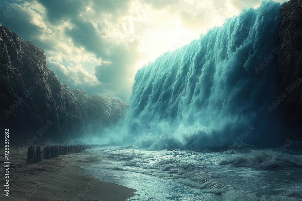 dramatic biblical scene of moses parting the red sea towering walls of ...