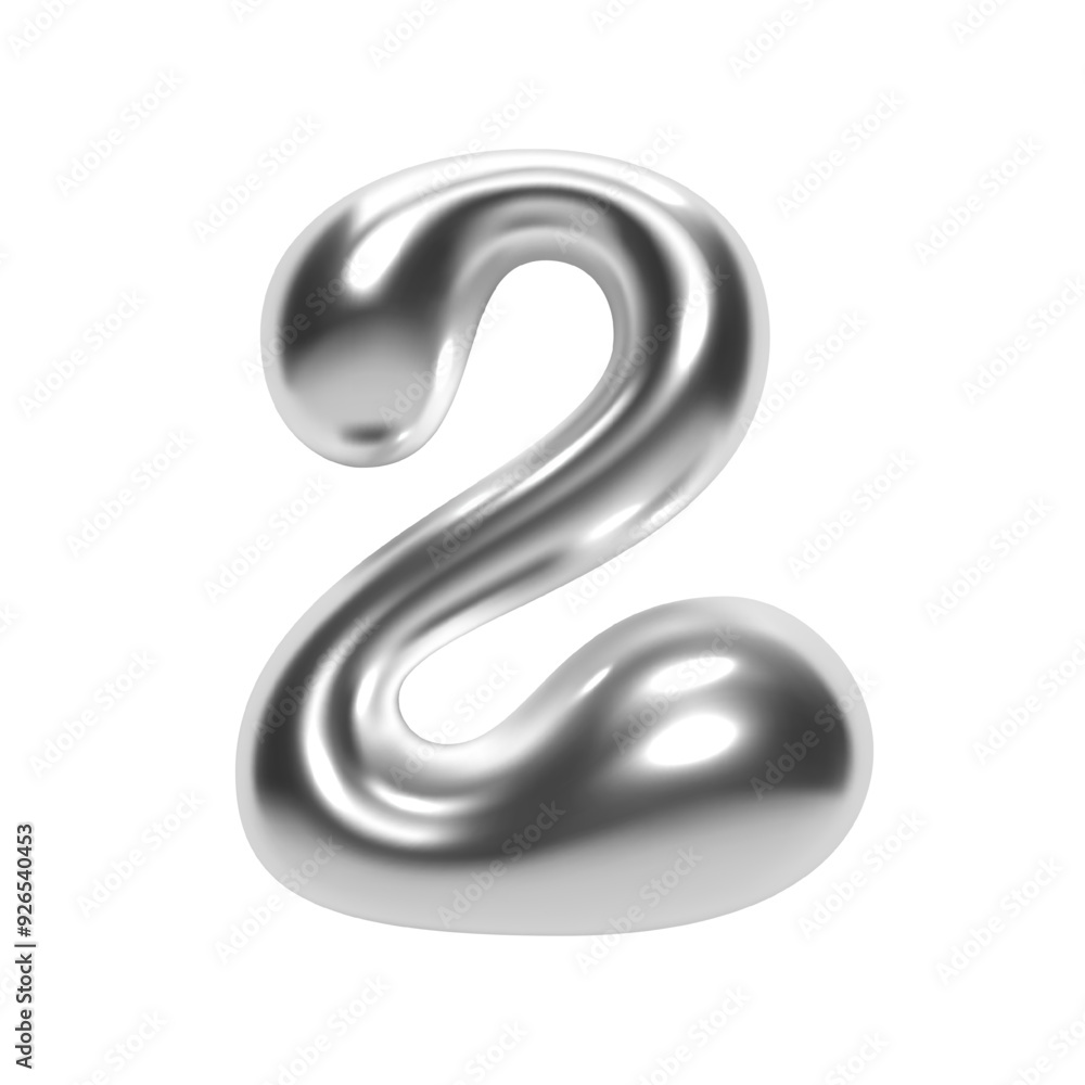 Vetor de 3D chrome number 2 in Y2K bubble style. Shiny silver metallic ...