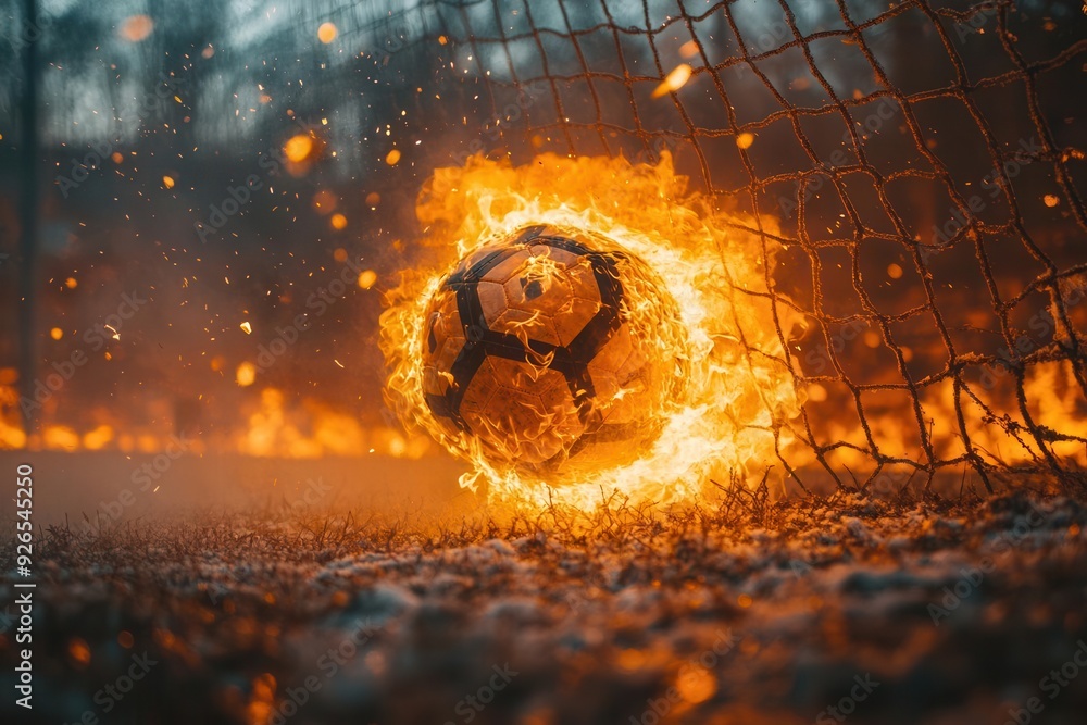 dramatic soccer moment flaming ball hitting back of net stadium lights ...