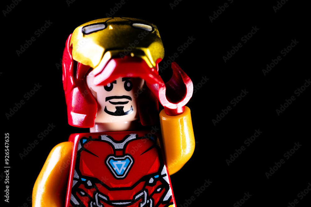 LEGO Marvel's Iron Man Tony Stark lifts up his helmet mask. Toy Iron ...