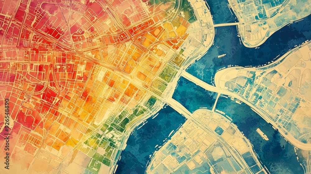 Watercolor city map with abstract streets and landmarks for urban ...