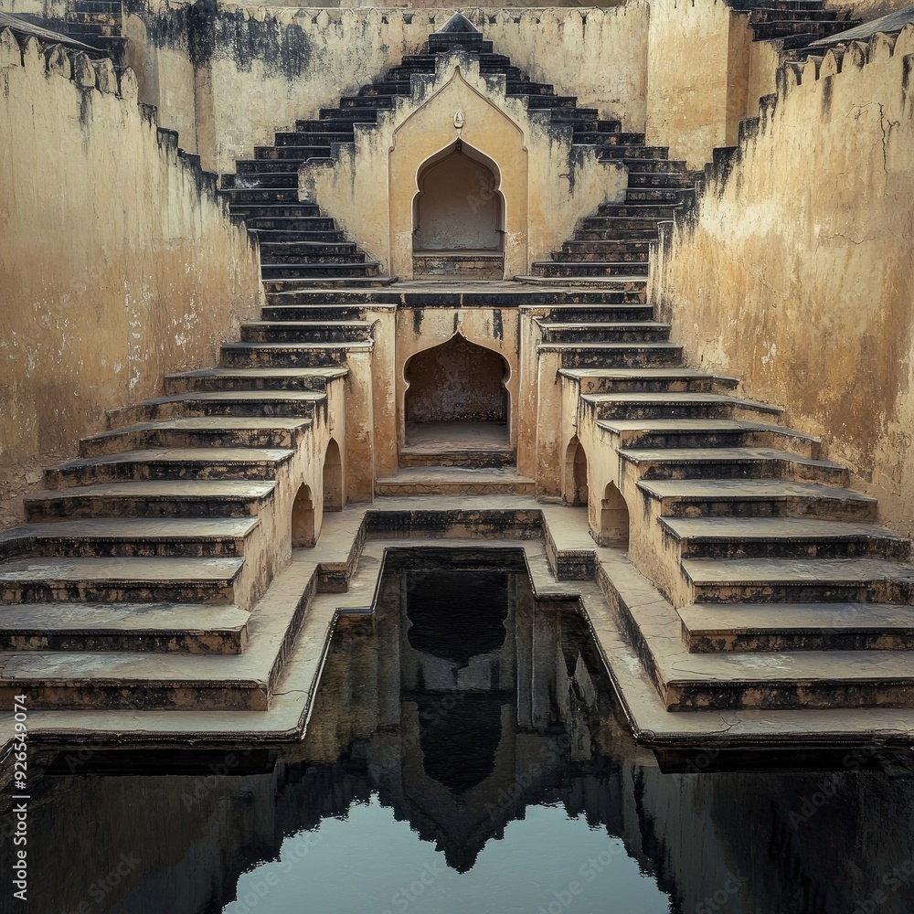 The historic Indian steps of a stepwell in Jaipur, leading down to a ...