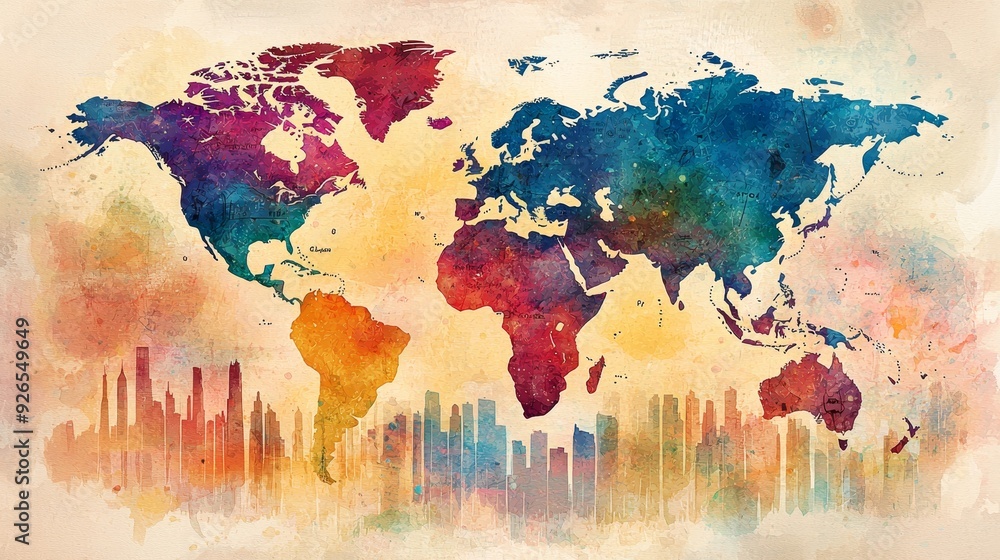 Watercolor map of the world with abstract borders for global business ...